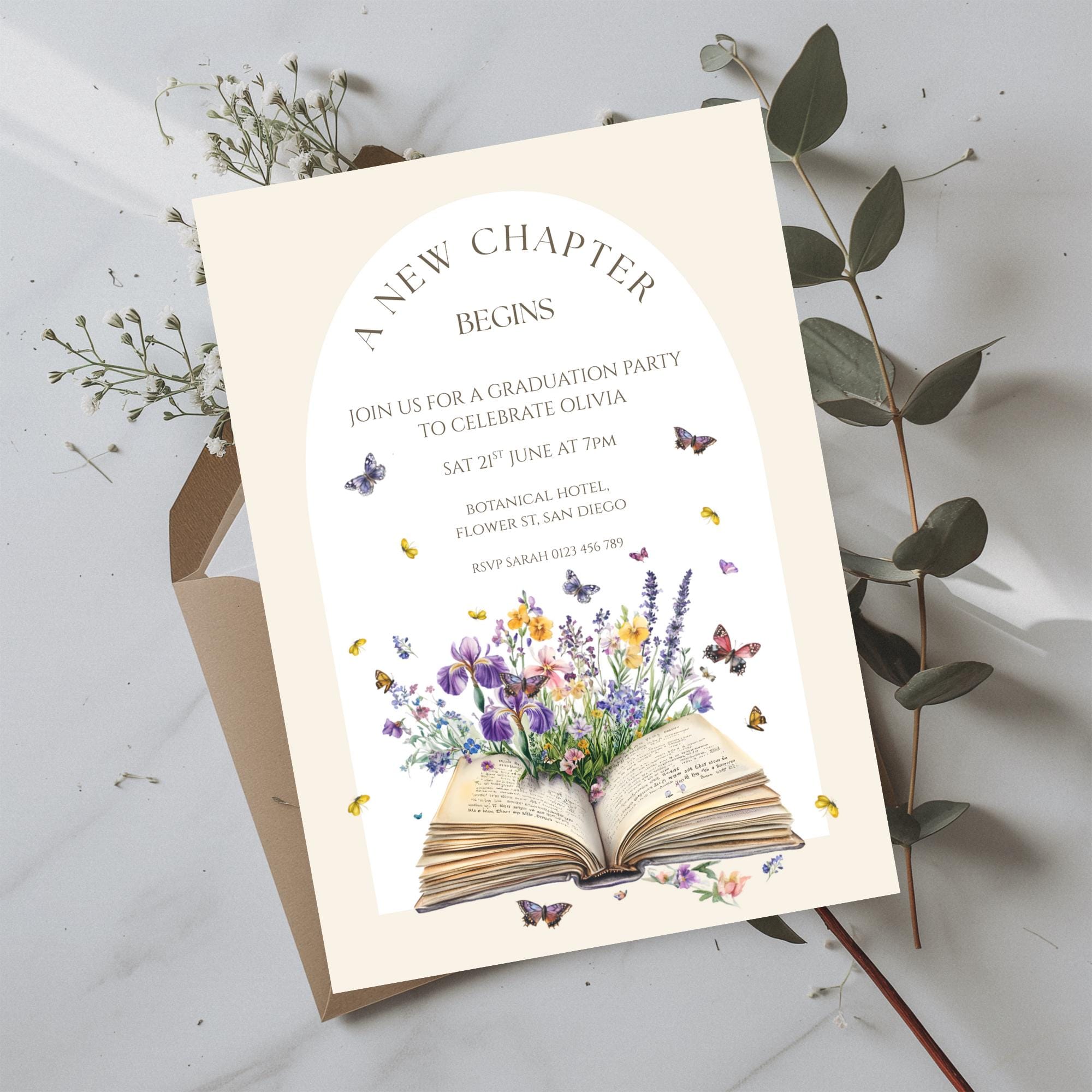 A New Chapter Begins Graduation Invitation Template, Wildflowers, Book ...