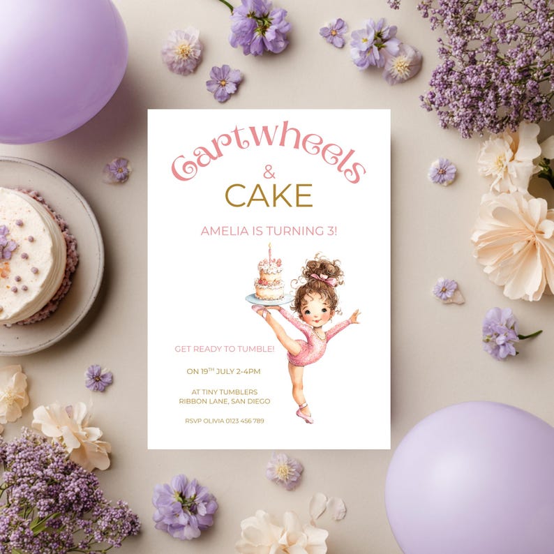 Gymnastics Birthday Party Invitation Canva Template, Cartwheels & Cake ...