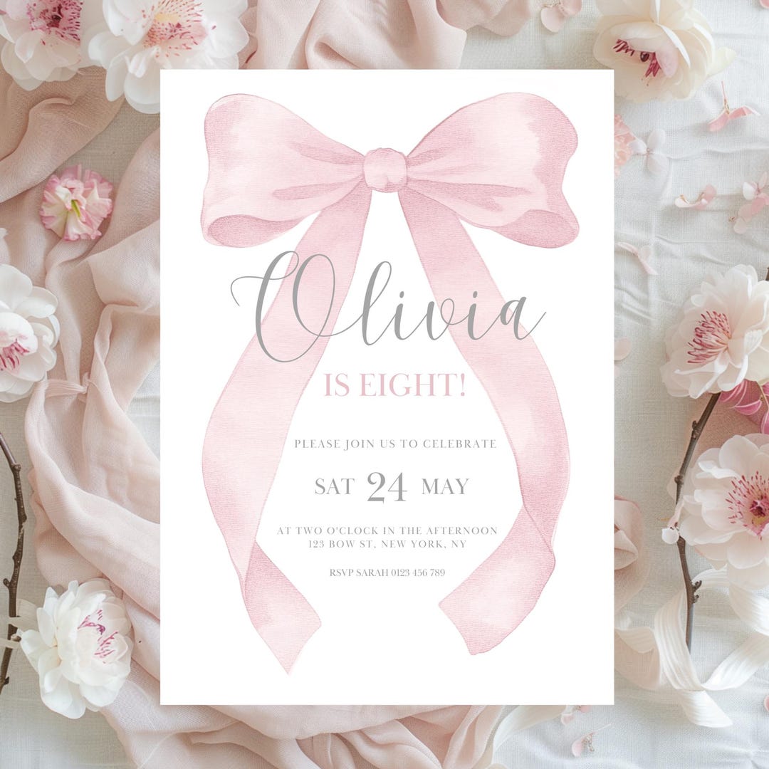 Pink Bow 8th Birthday Digital Party Invitation Coquette Personalized
