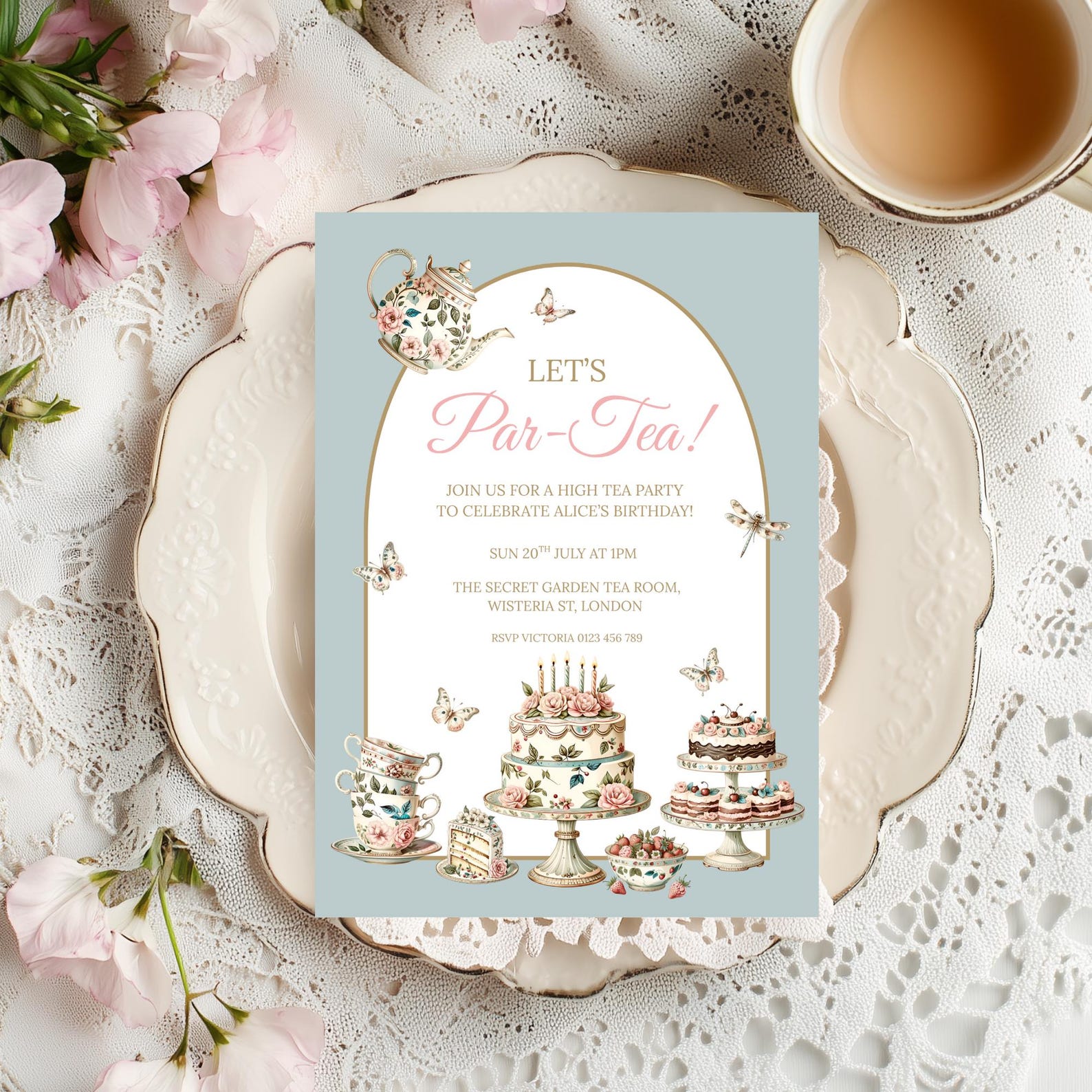 High Tea Birthday Party Invitation Canva Template, Par-tea Invitation ...