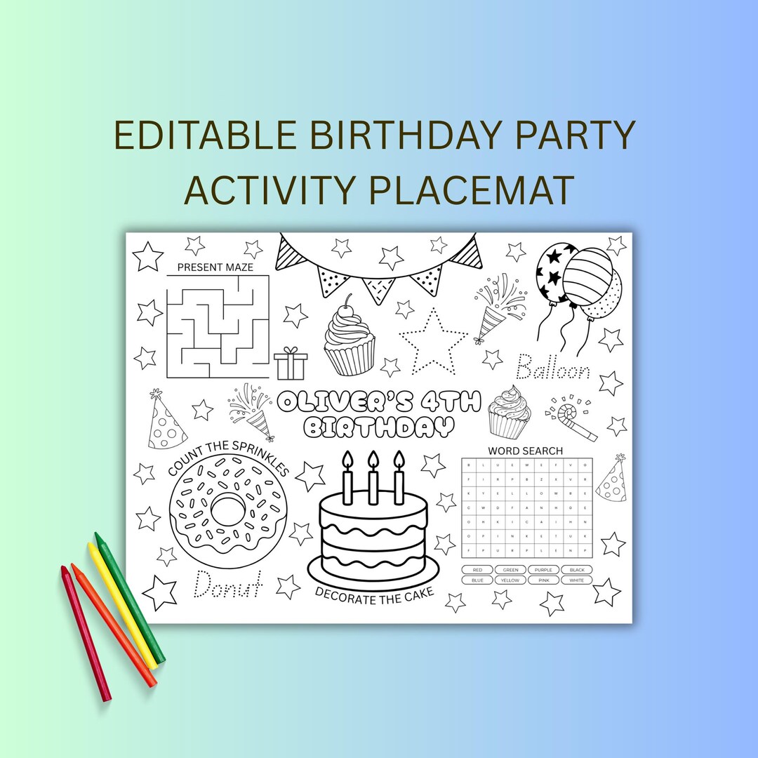 Birthday Party Activity Placemat | Birthday Party Editable Coloring ...