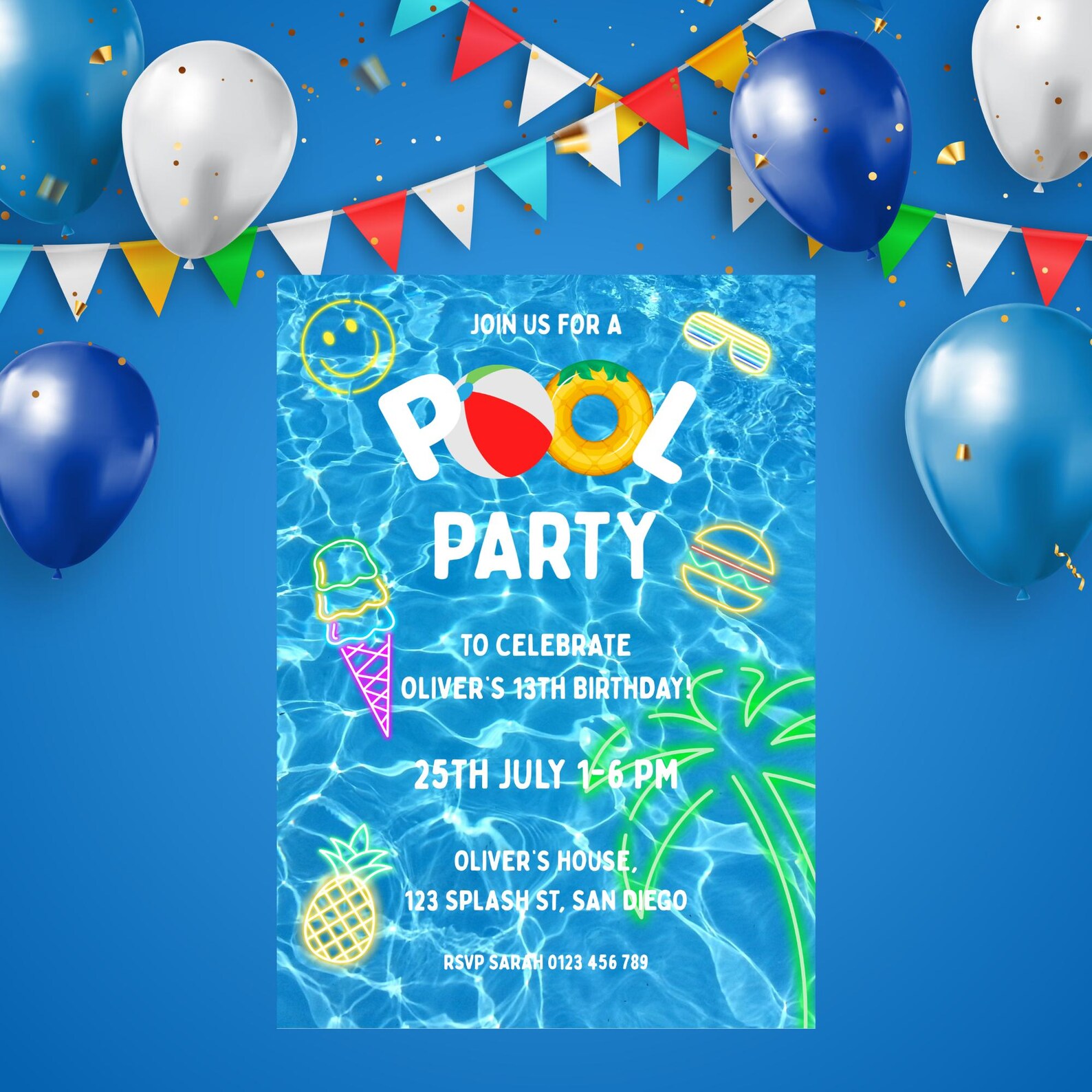 Pool Party Teen 13th Invitation, Boy's Neon Summer Birthday Party Age ...