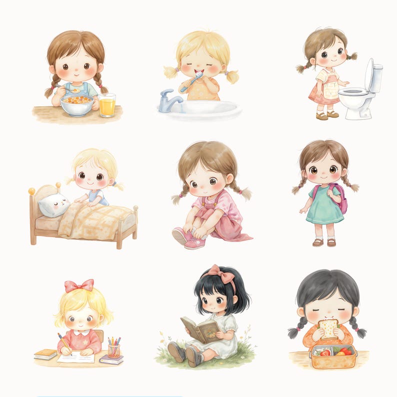 Girl's Daily Routine Watercolor Clipart | Kids Daily Activities Clipart ...