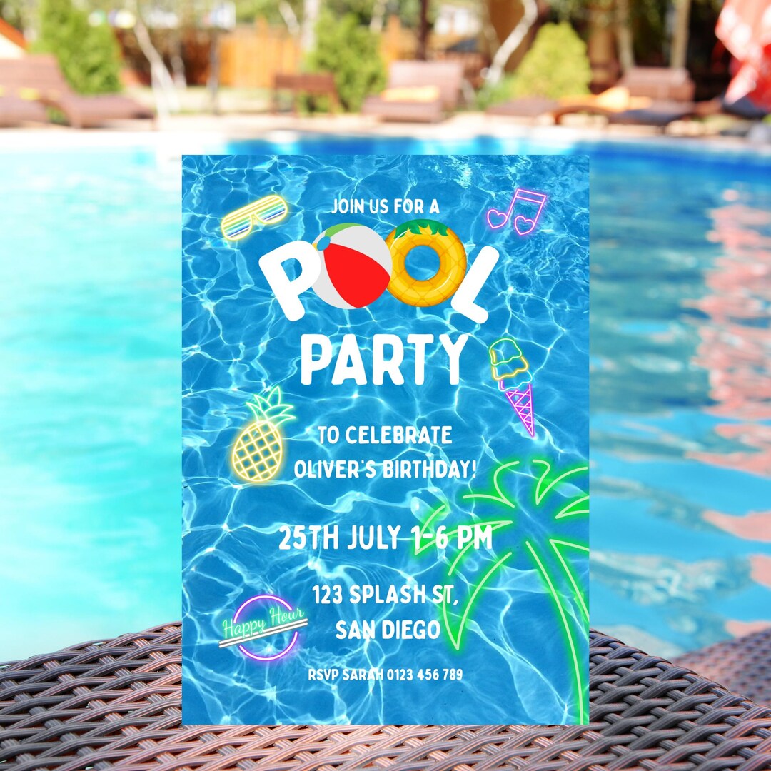 Pool Party Adult Invitation Canva Template, Neon Summer Birthday Party ...