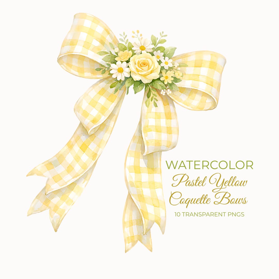 Watercolor Pastel Yellow Coquette Bows Clipart Pack | 10 Plain Gingham ...