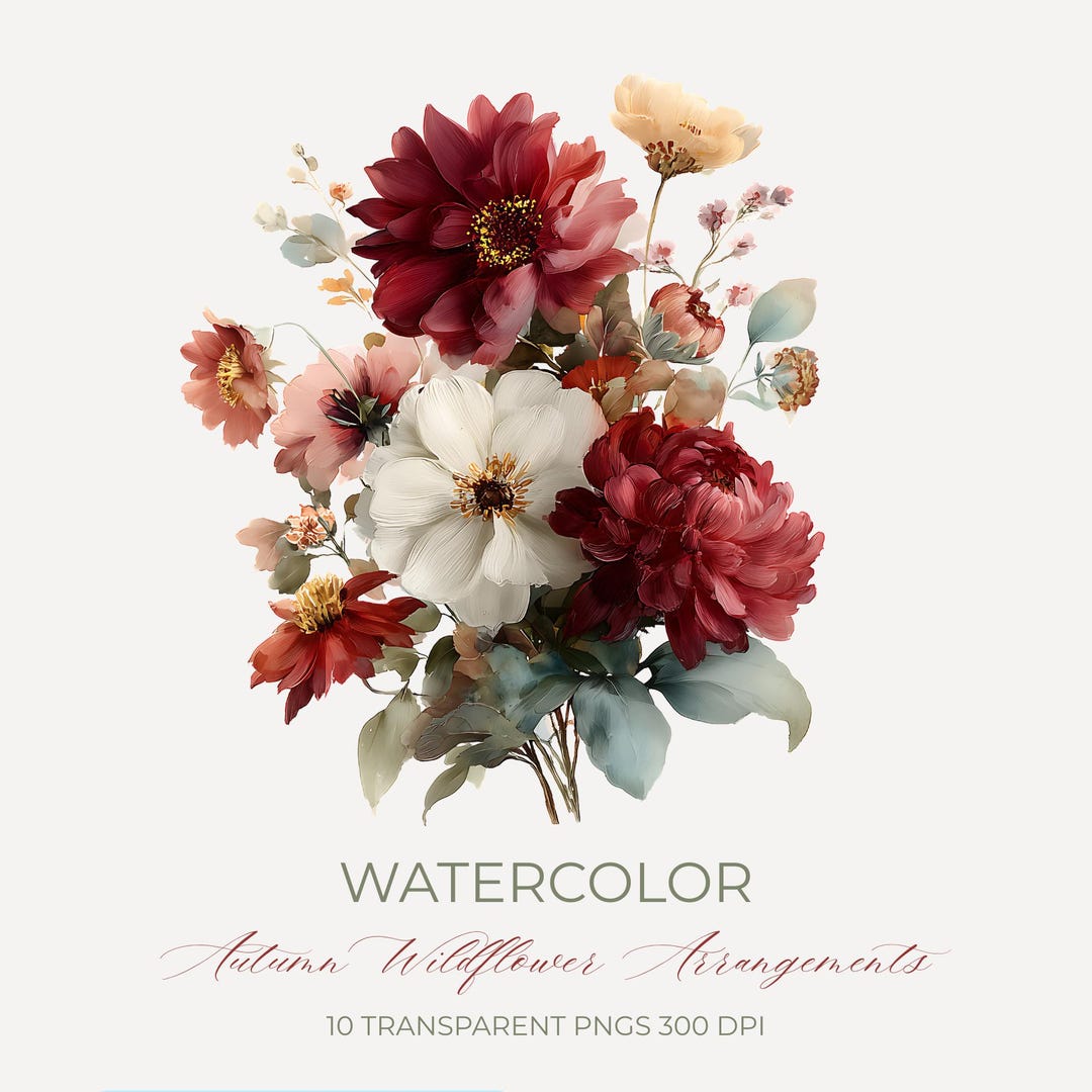 Watercolor Autumn Wildflower Burgundy Floral Bouquet Clipart | 10 Fall ...