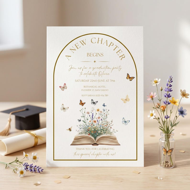 A New Chapter Begins Graduation Invitation Canva Template Wildflowers ...