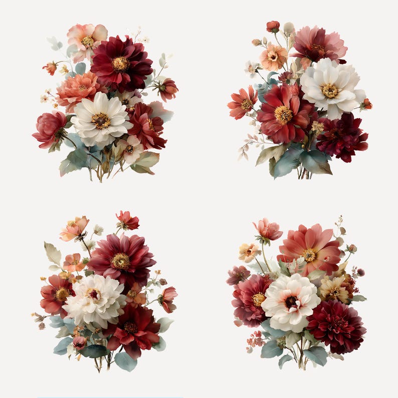 Watercolor Autumn Wildflower Burgundy Floral Bouquet Clipart | 10 Fall ...