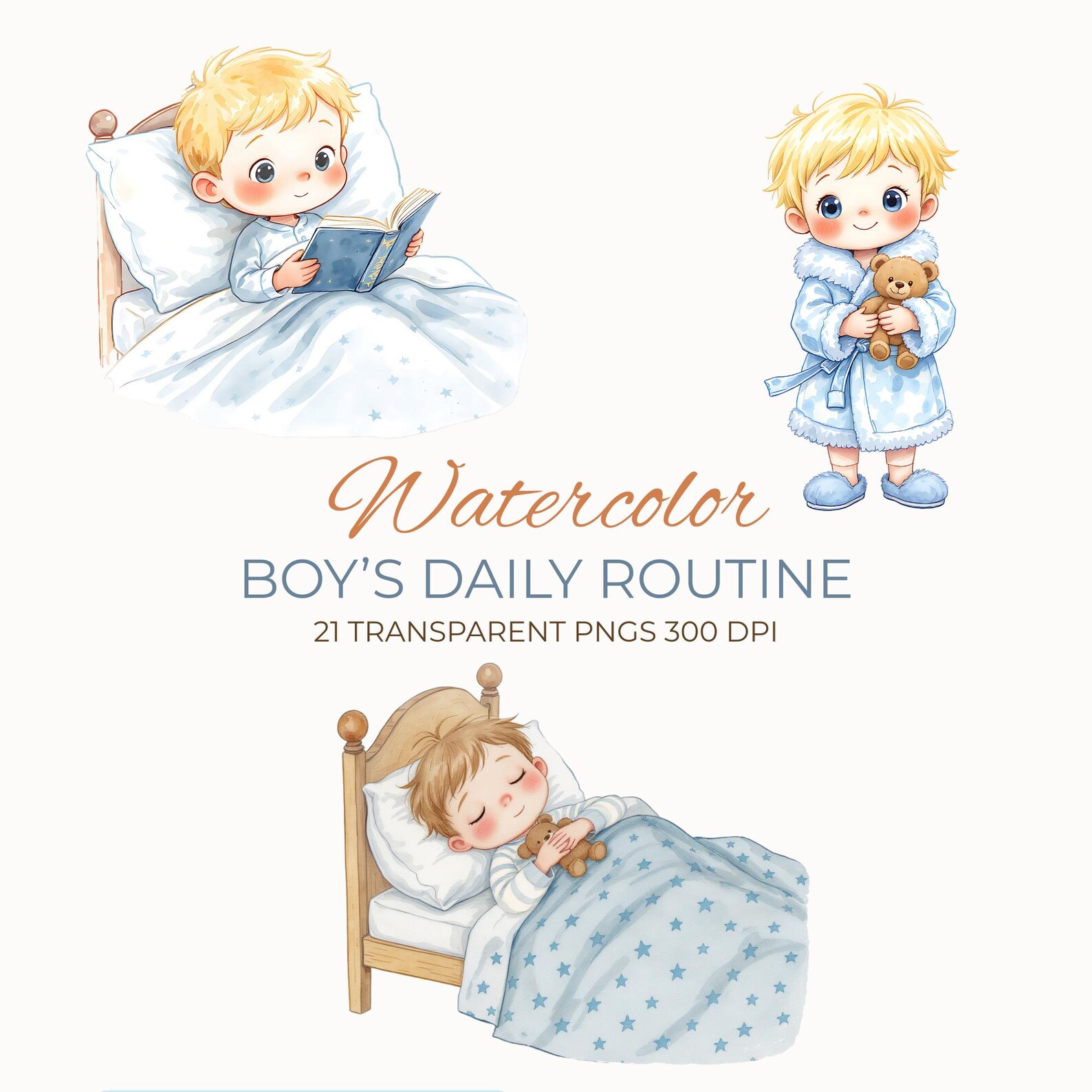 Boy's Daily Routine Watercolor Clipart | Kids Daily Activities Clipart ...