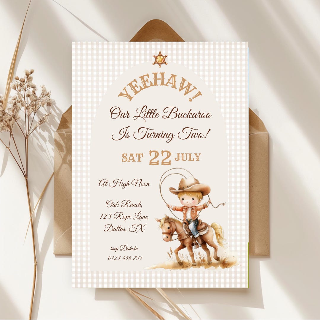 Cowboy 2nd Birthday Invitation Template, Gingham Vintage Yeehaw ...