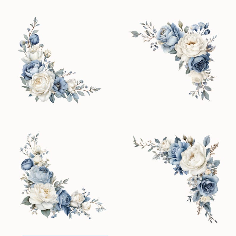 Vintage Dusty Blue & Ivory Roses Clipart | Watercolor Dusty Blue and ...