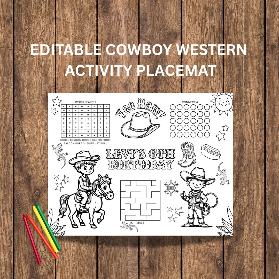 Cowboy Western Activity Playmat | Cowboy Birthday Party Coloring ...