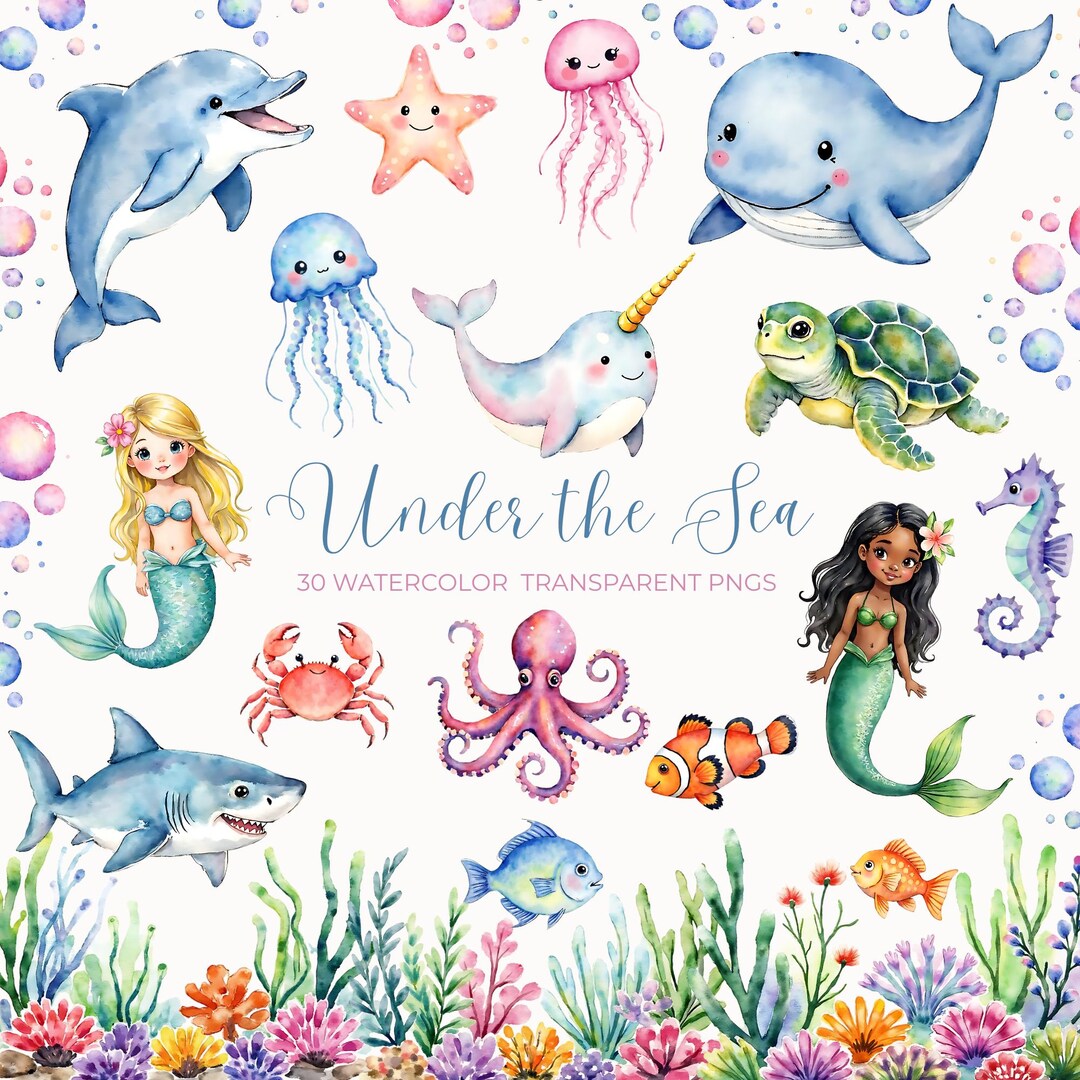 Watercolor Under the Sea Clipart | 30 Mermaid Ocean Creatures Reef Pngs ...