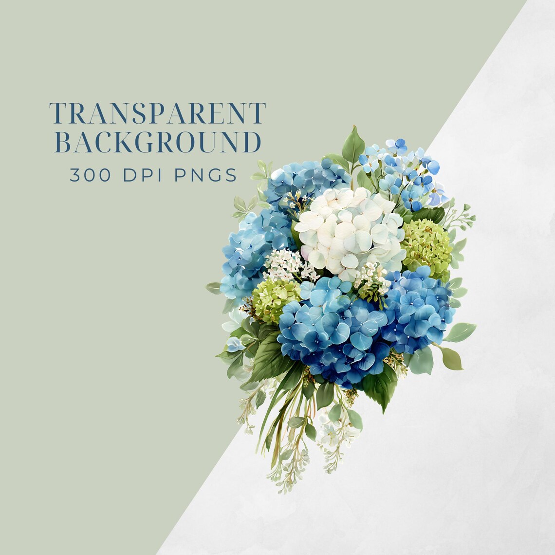 Watercolor Dusty Blue, White & Green Hydrangeas Floral Clipart Pack ...