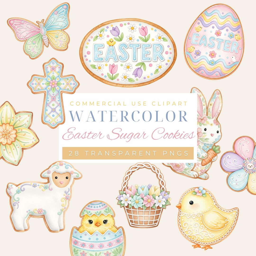 Watercolor Frosted Easter Sugar Cookies Clipart | 28 Pastel Gingerbread ...