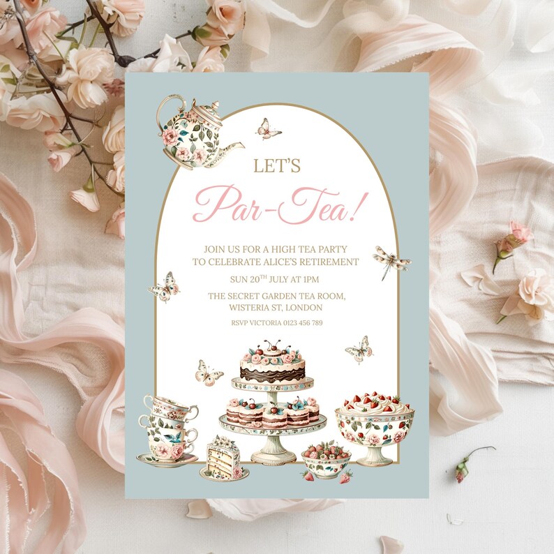 High Tea Retirement Lunch Party Invitation Canva Template, Par-tea ...