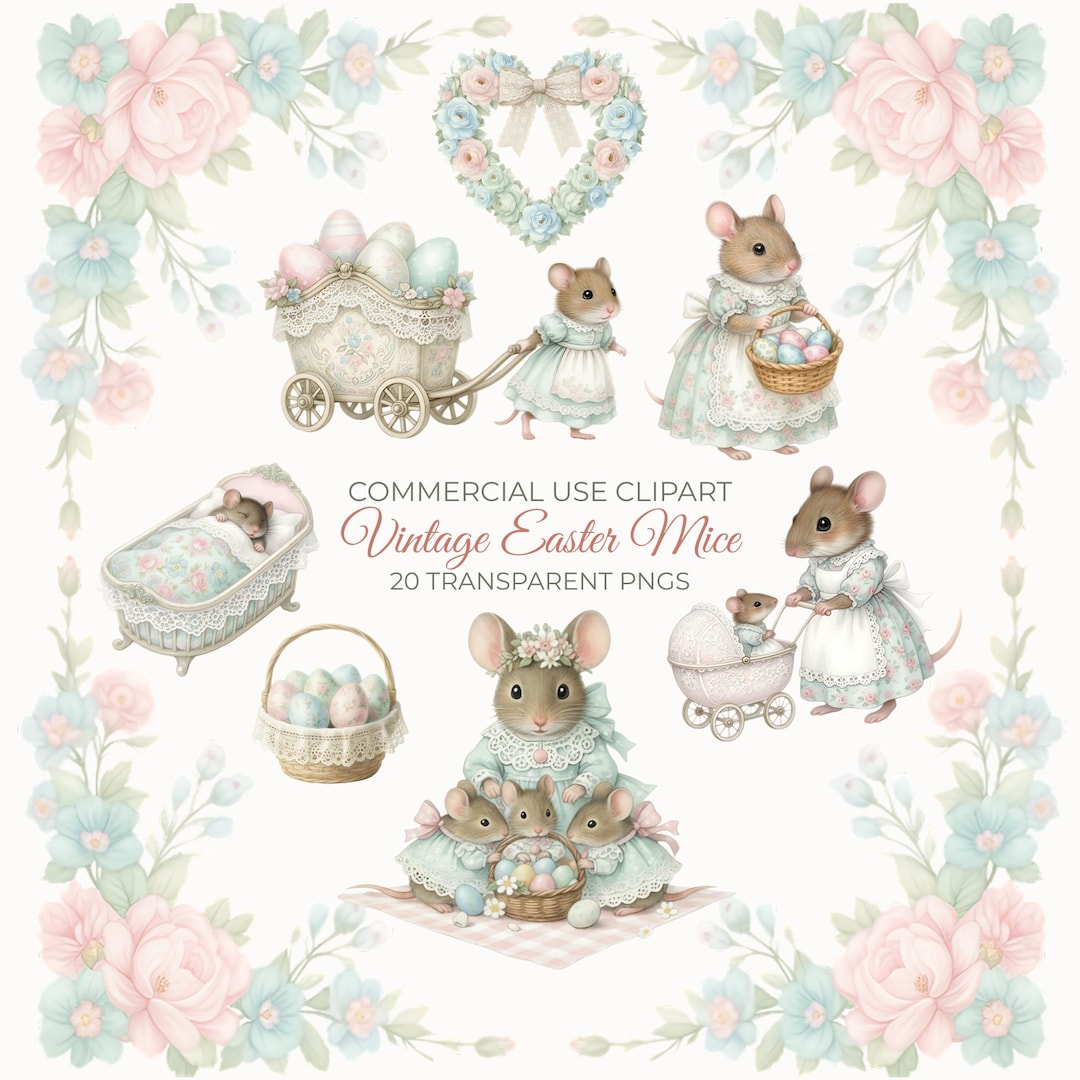 Watercolor Vintage Easter Mice Clipart Set | 20 Pastel Mice & Floral ...