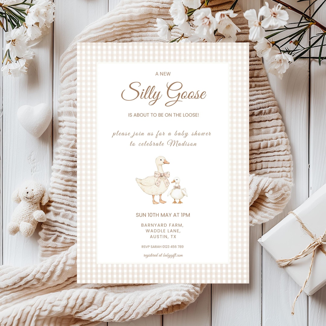 Silly Goose Baby Shower Invitation, Gender Neutral Beige Gingham ...