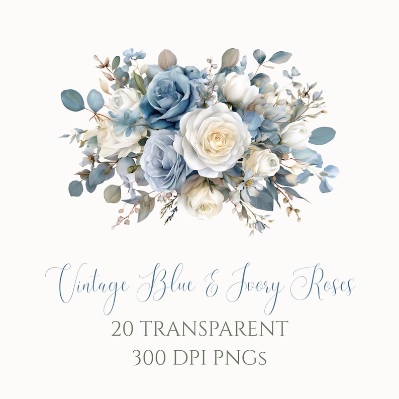 Vintage Dusty Blue & Ivory Roses Clipart | Watercolor Dusty Blue and ...