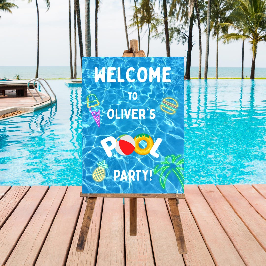 Pool Party Welcome Sign Canva Template, Neon Theme Summer Party Decor ...