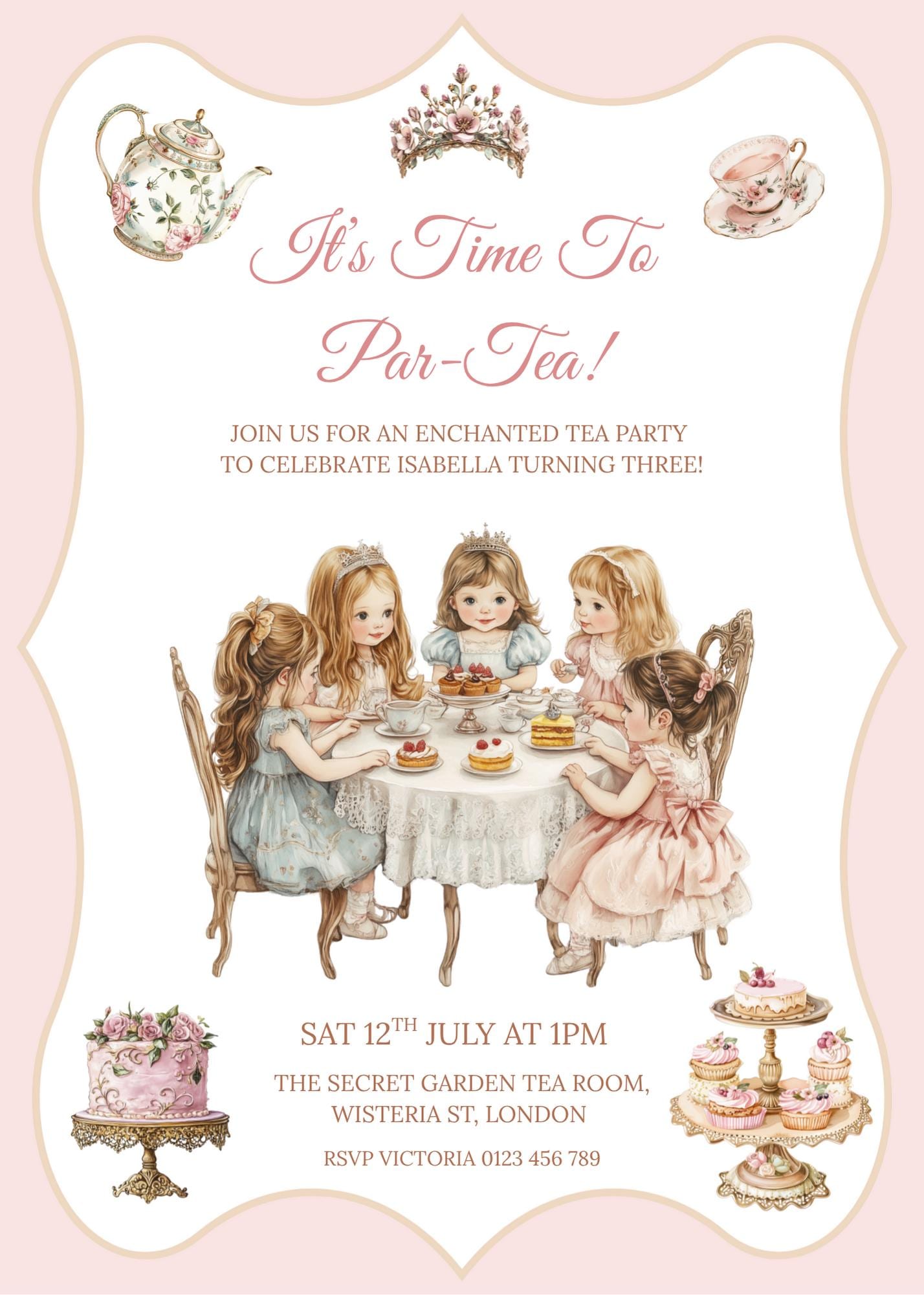 Tea Party Birthday Invitation Canva Template, Vintage Princess Child's ...