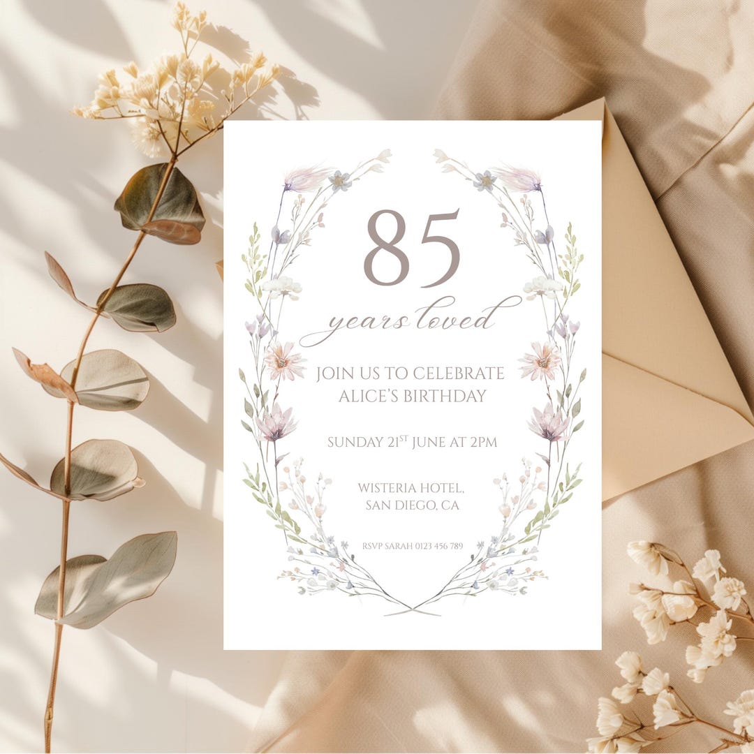 85th Birthday Invitation Template, Wildflowers Watercolor Floral ...
