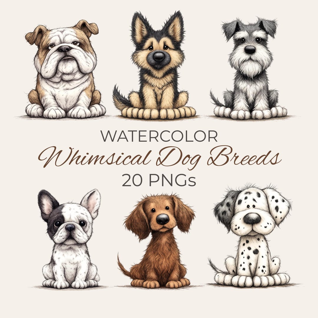 Watercolor Whimsical Dogs Clipart Set | 20 Dog Breeds Pngs | Animal ...
