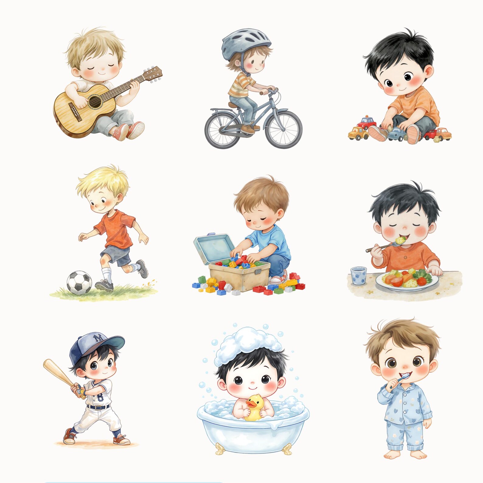 Boy's Daily Routine Watercolor Clipart | Kids Daily Activities Clipart ...
