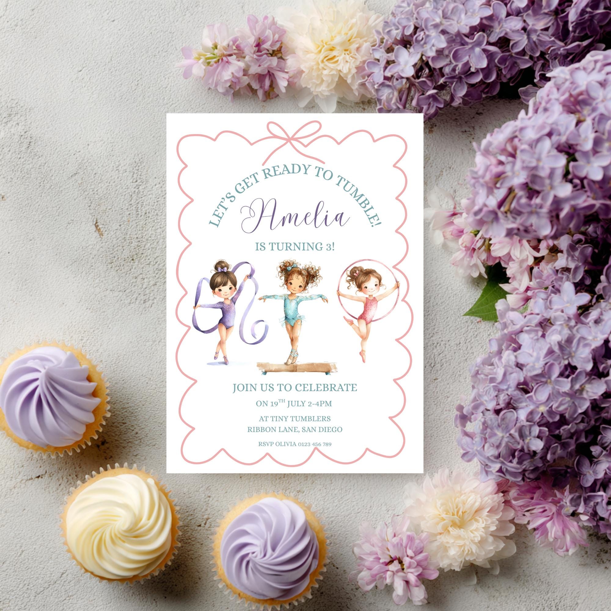 Gymnastics Birthday Party Invitation Canva Template, Pink Bow Editable ...