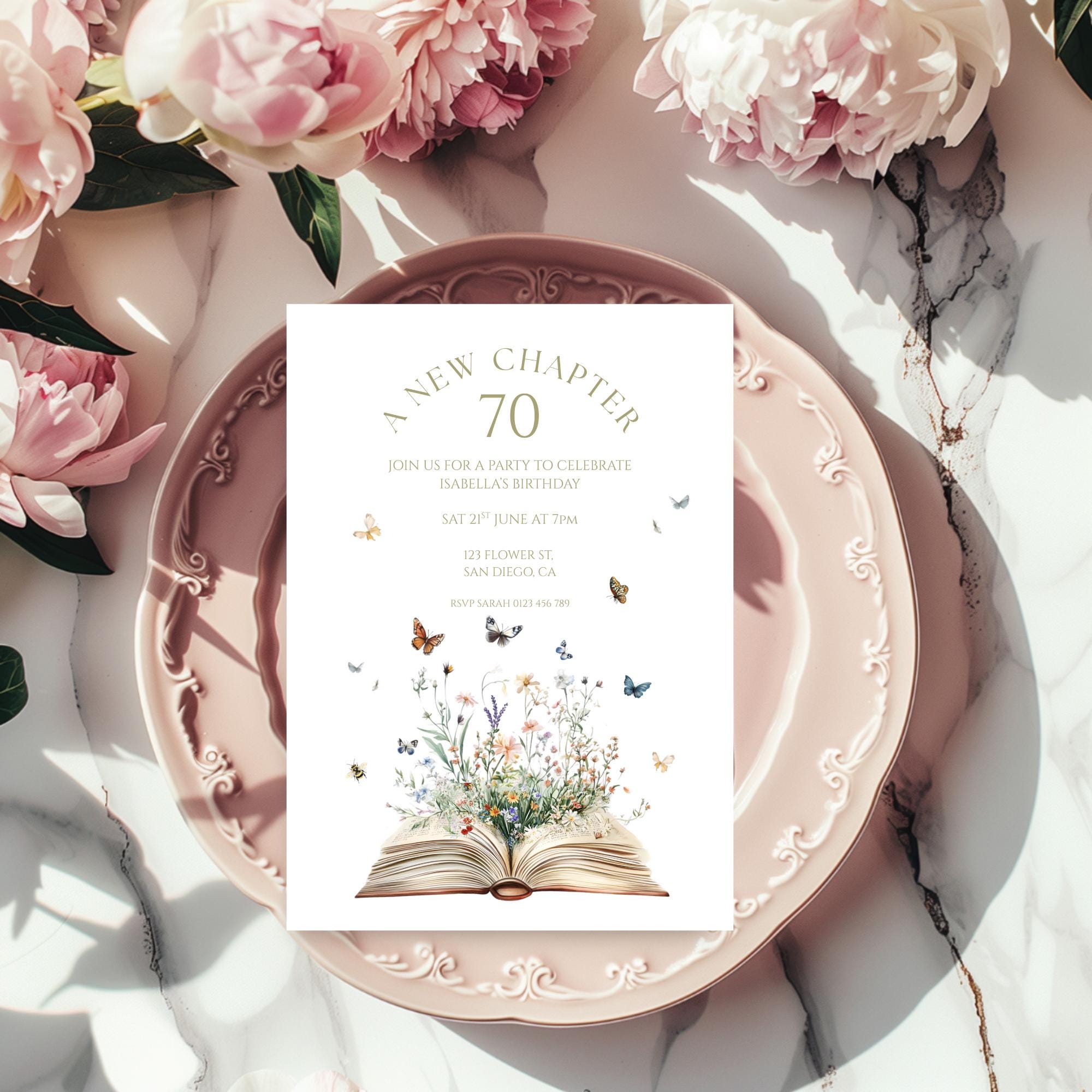 A New Chapter 70th Birthday Invitation Canva Template, Storybook ...