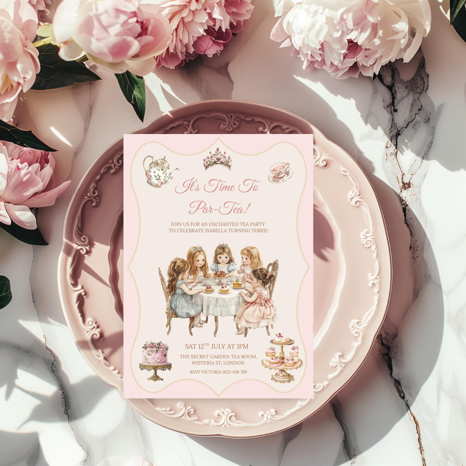 Tea Party Birthday Invitation Canva Template, Vintage Princess Child's ...