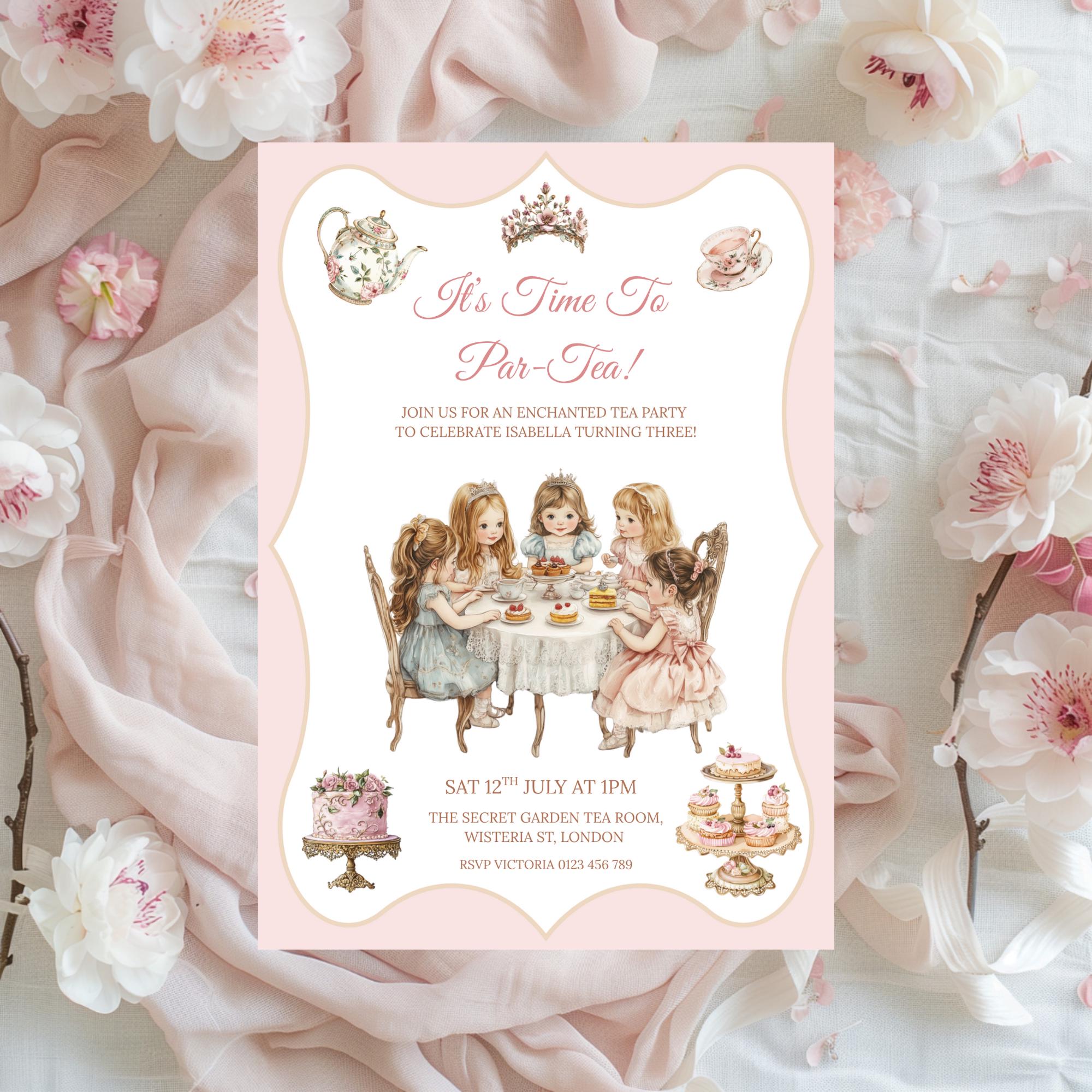 Tea Party Birthday Invitation Canva Template, Vintage Princess Child's ...