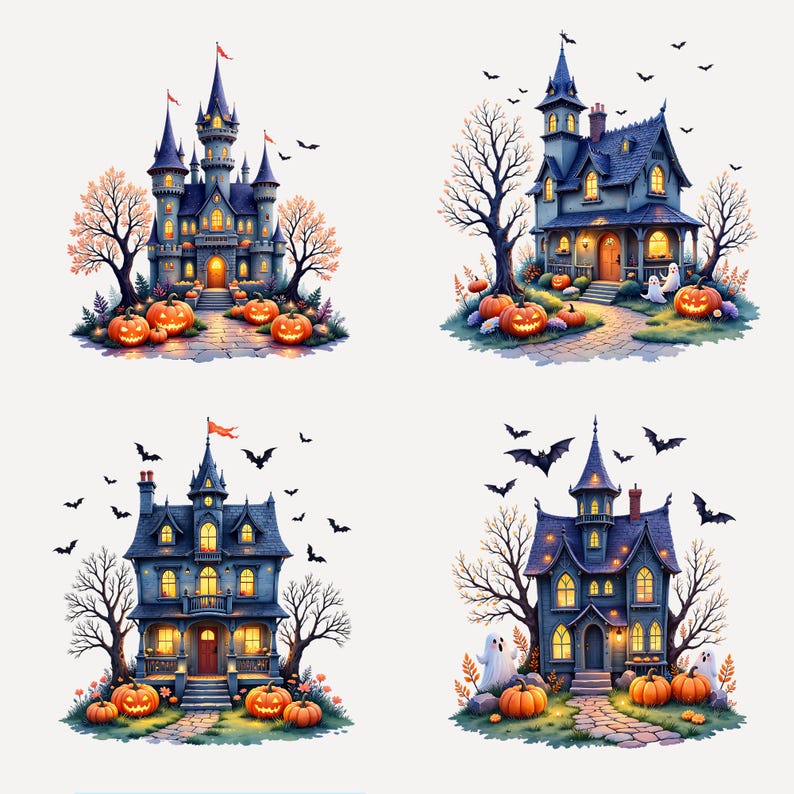 Watercolor Halloween Houses Clipart Pack | 8 Spooky Digital Download ...