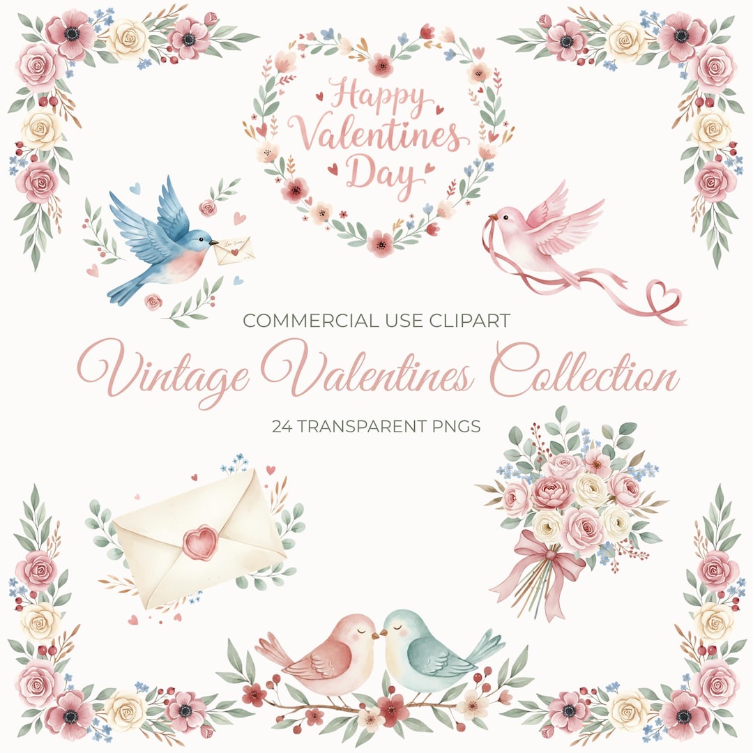 Watercolor Vintage Valentine Floral Clipart Pack – 24 Pngs Flowers ...