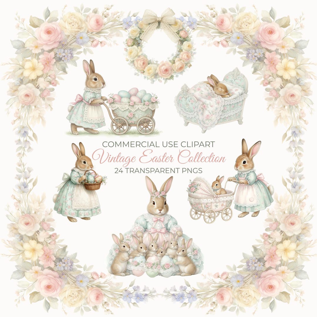 Watercolor Vintage Easter Clipart Set | 24 Pastel Bunny & Floral Pngs ...