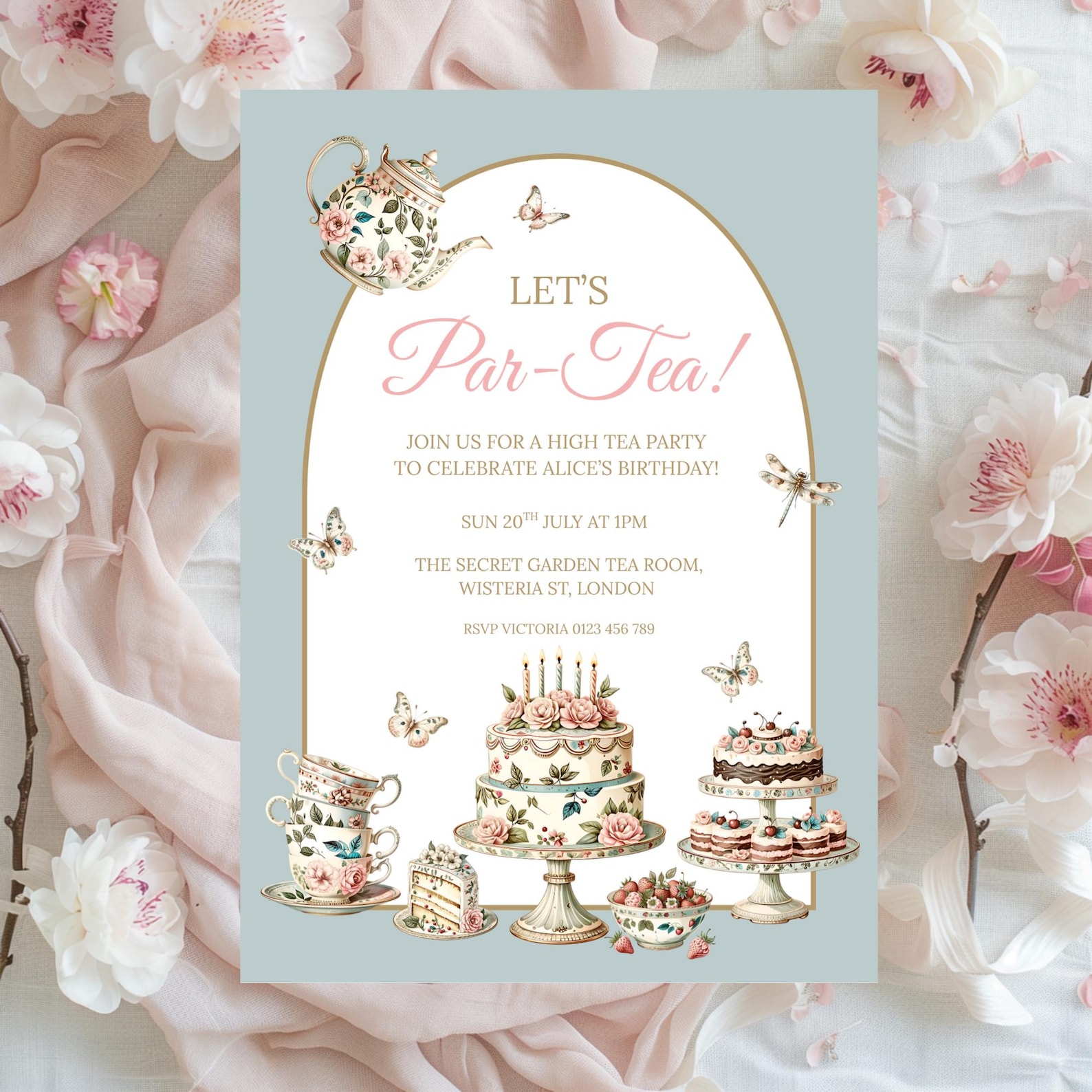 High Tea Birthday Party Invitation Canva Template, Par-tea Invitation ...
