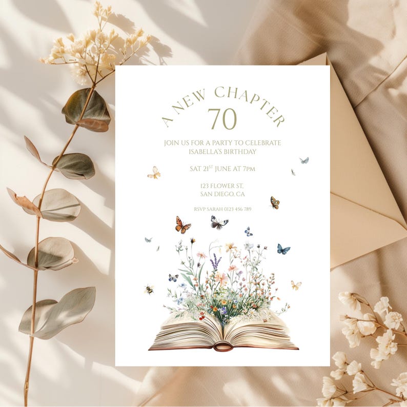 A New Chapter 70th Birthday Invitation Canva Template, Storybook ...