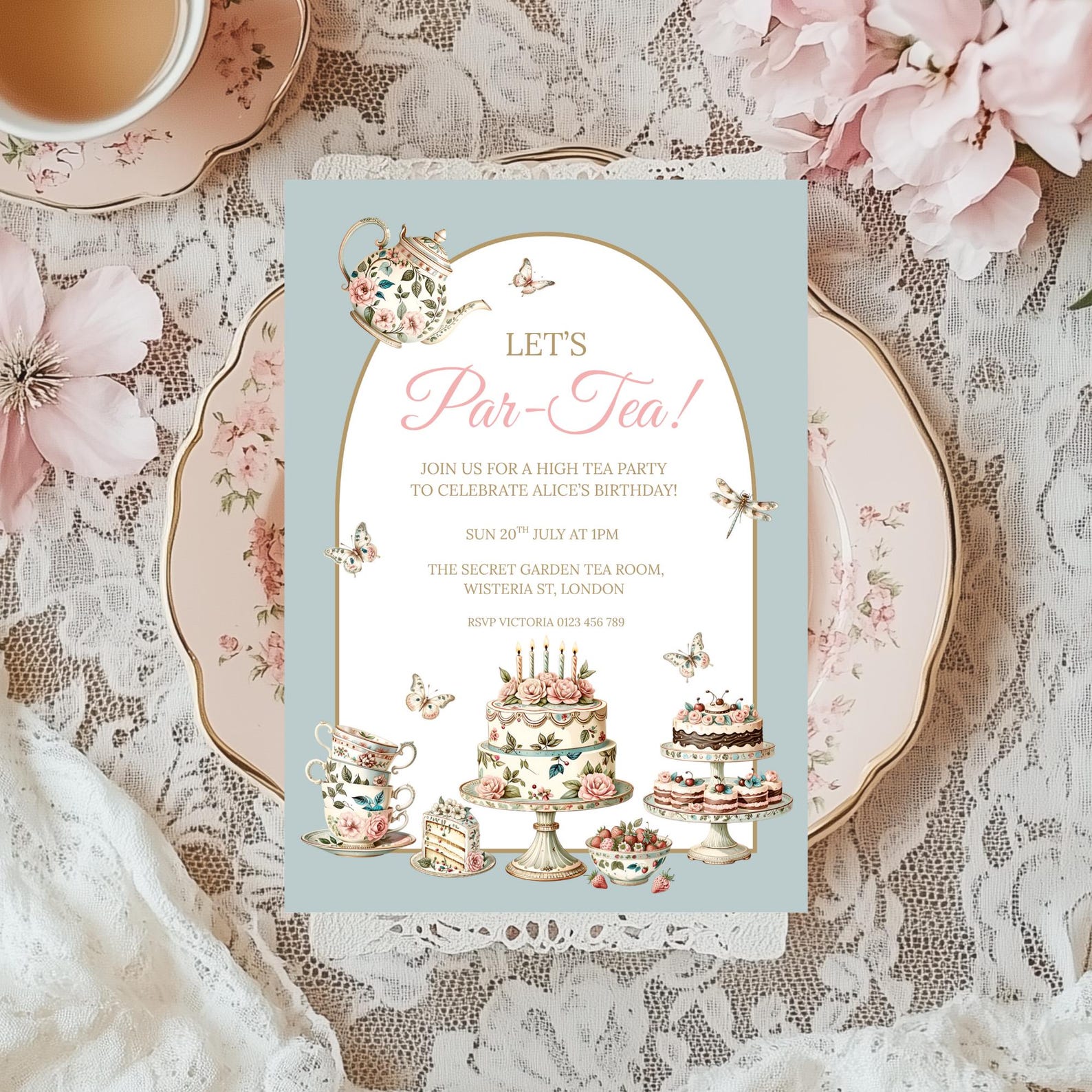 High Tea Birthday Party Invitation Canva Template, Par-tea Invitation ...