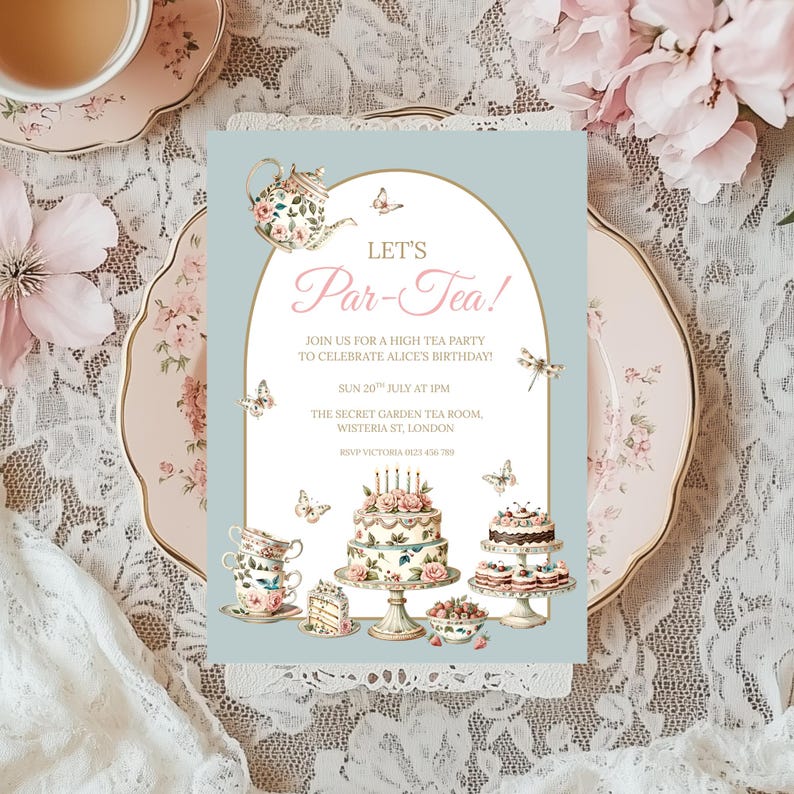 High Tea Birthday Party Invitation Canva Template, Par-tea Invitation ...