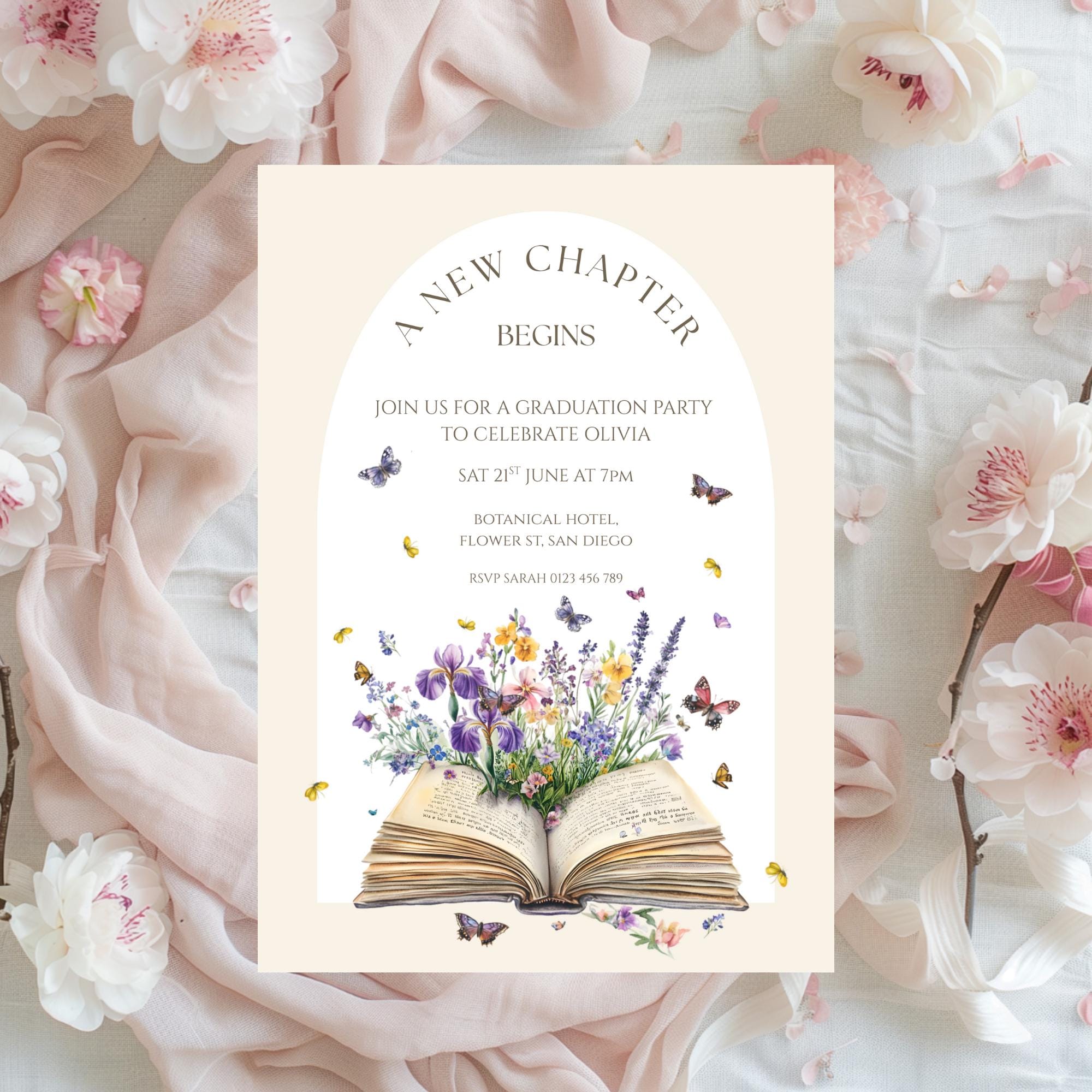 A New Chapter Begins Graduation Invitation Template, Wildflowers, Book ...