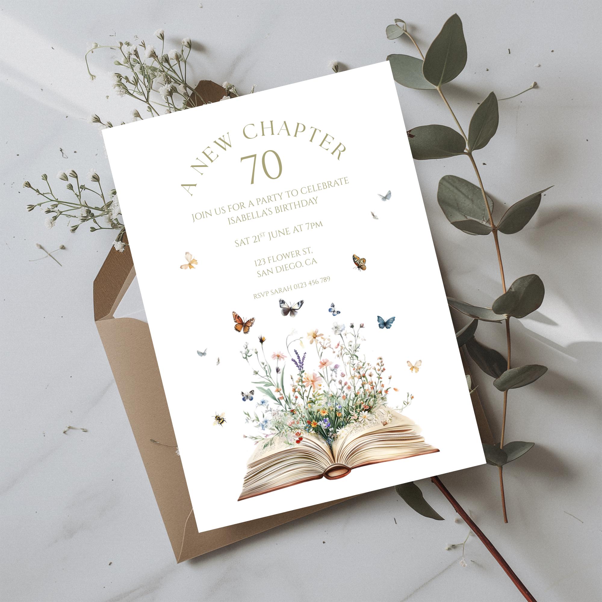 A New Chapter 70th Birthday Invitation Canva Template, Storybook ...