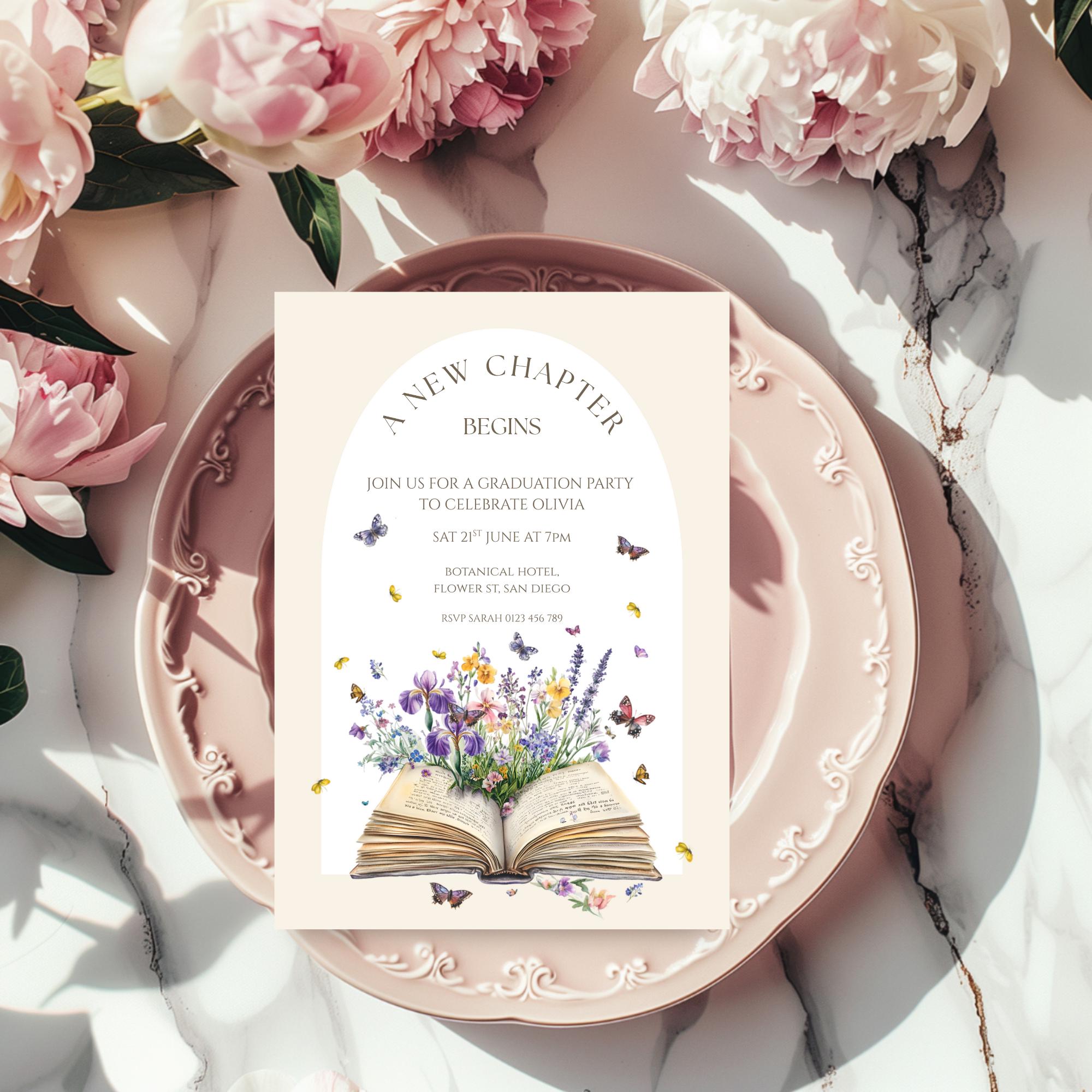 A New Chapter Begins Graduation Invitation Template, Wildflowers, Book ...
