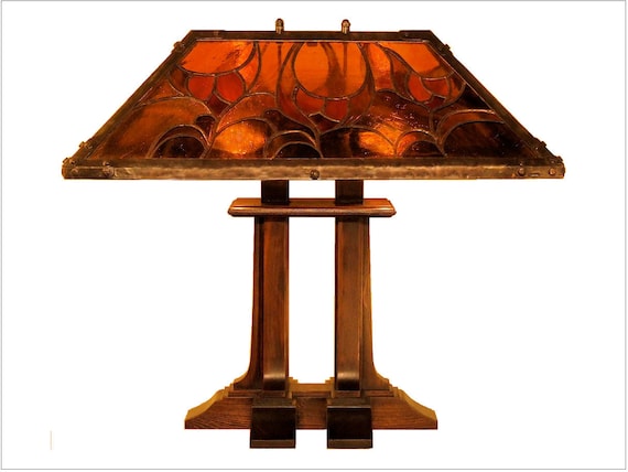 Items Similar To Stained Glass Desk Lamp Copper Shade Frame Reclaimed Redwood Base Made To