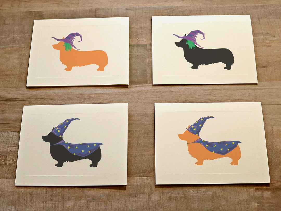 Corgi Halloween Cards, Witch & Wizard Corgi Note Card Set - Etsy