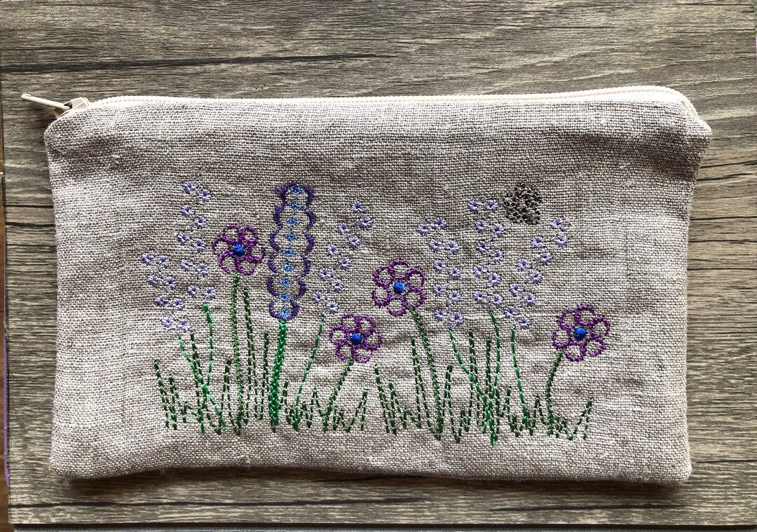 Linen & Lavender Zipper Bag, Linen Zipper Pouch, Embroidered Zipper ...
