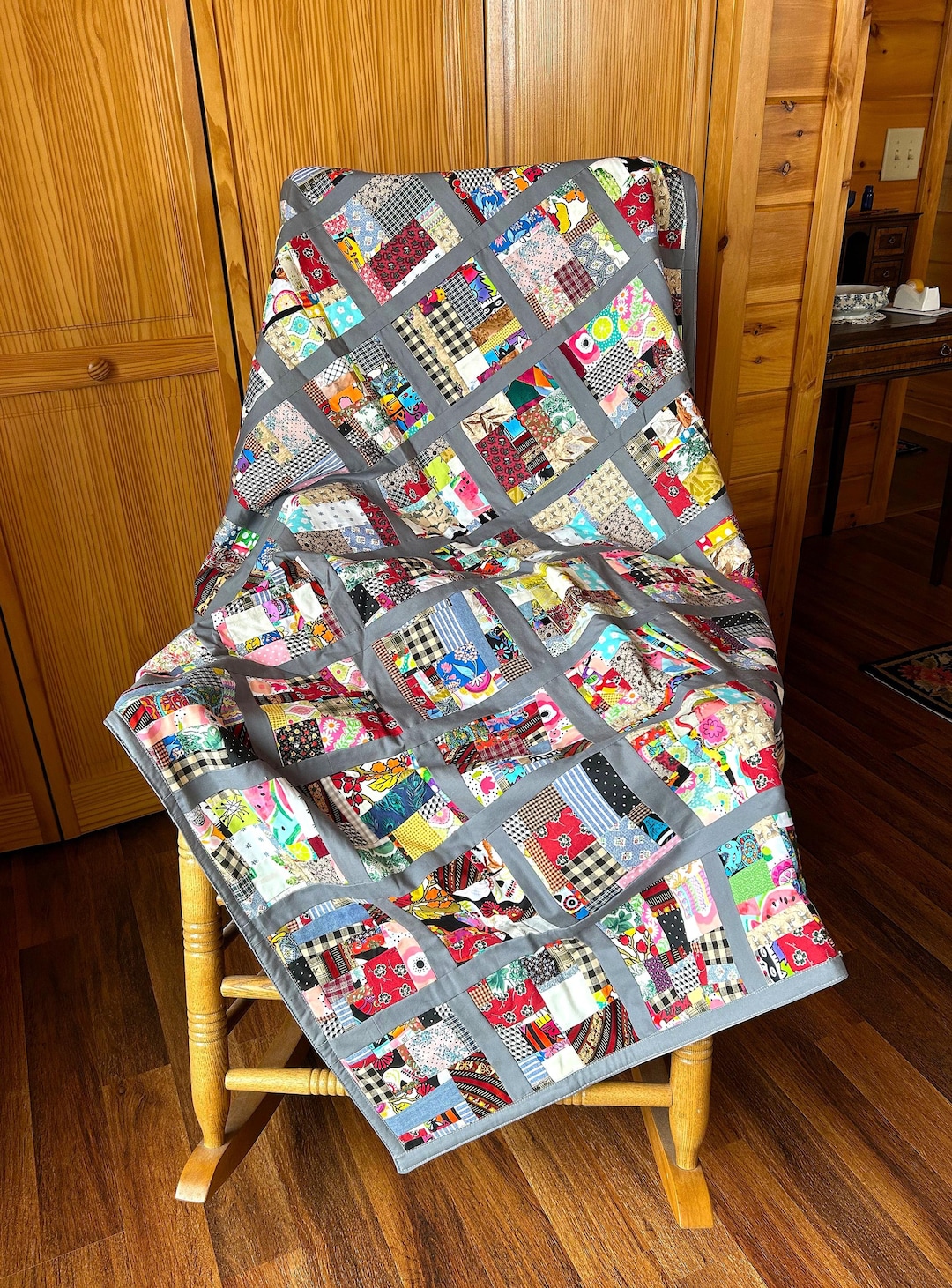 Cotton Patchwork Quilt Throw: Colorful Scrap Fabric, Grey Border - Etsy