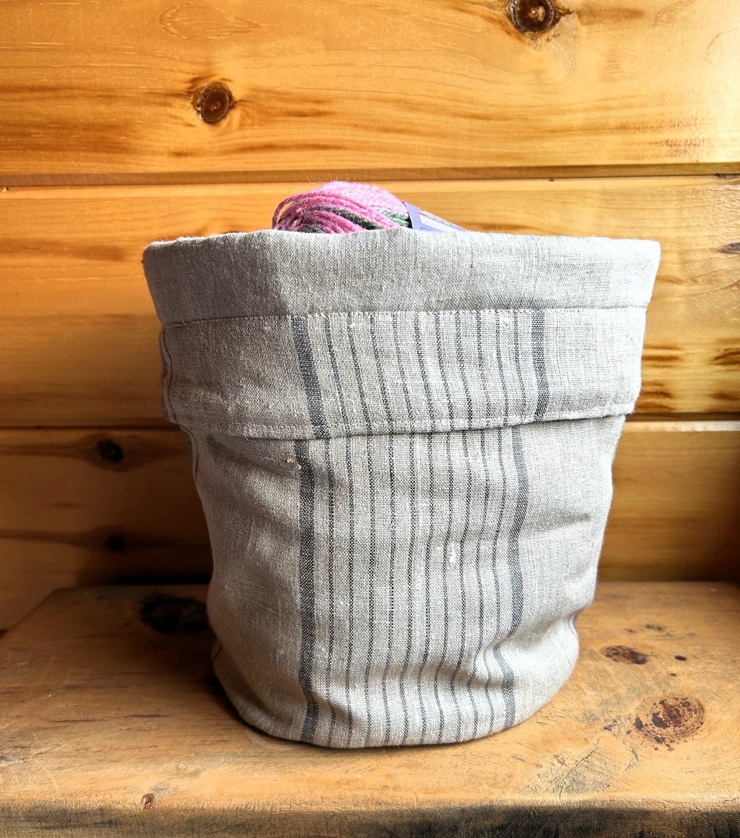Striped Linen Fabric Bin, Fabric Basket, Linen Bucket, Organizer Bin ...