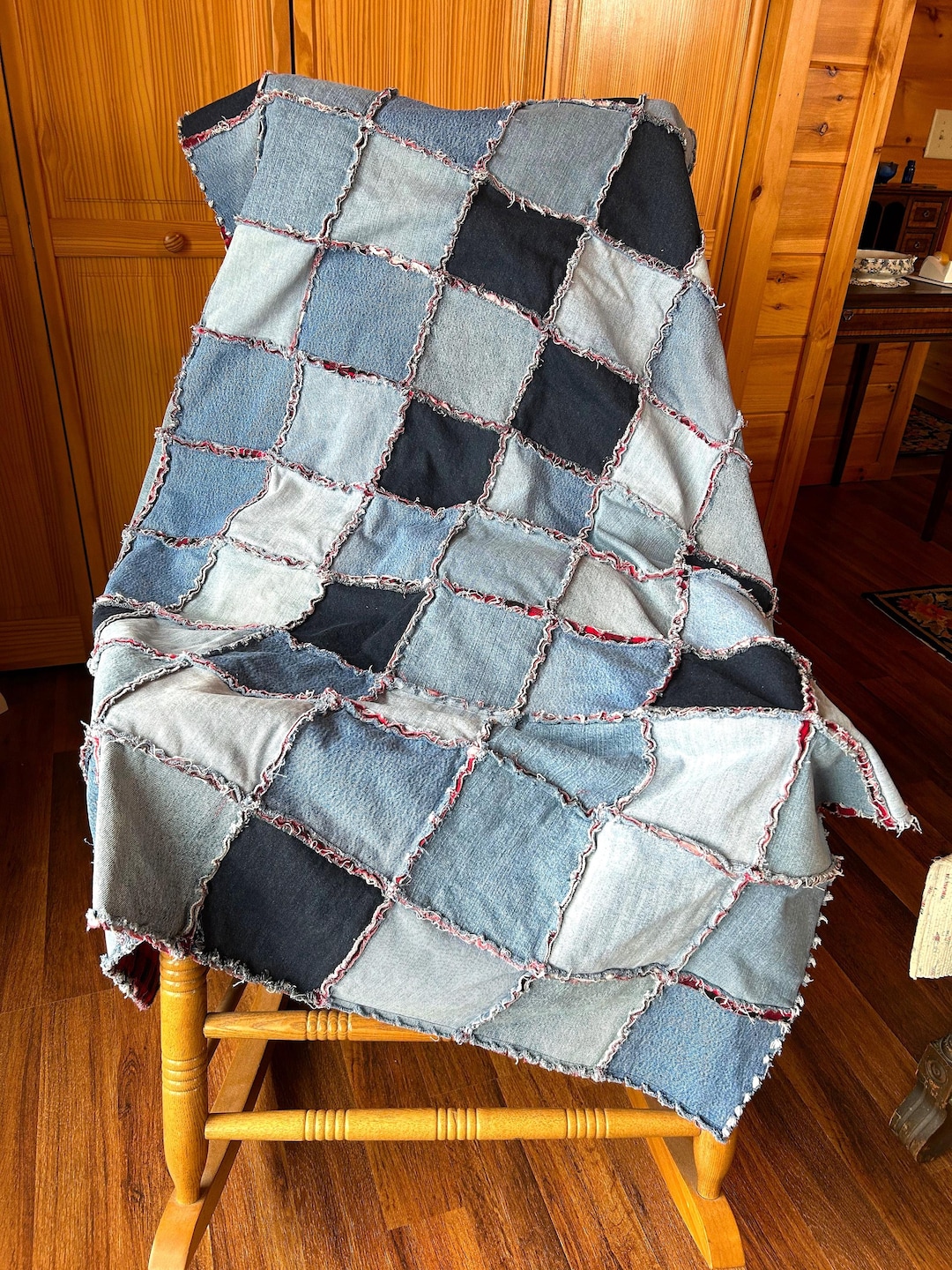 Denim Rag Quilt, Upcycled Denim Quilt, Denim Patchwork Quilt, Farmhouse ...