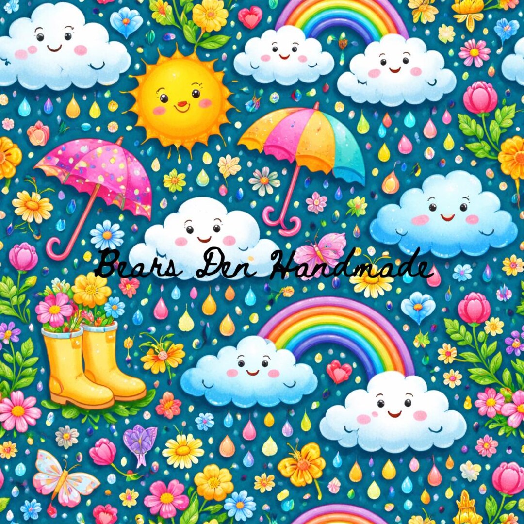Spring Seamless Design Umbrella Rainboot Rainbow Cloud Fun Floral Kids ...
