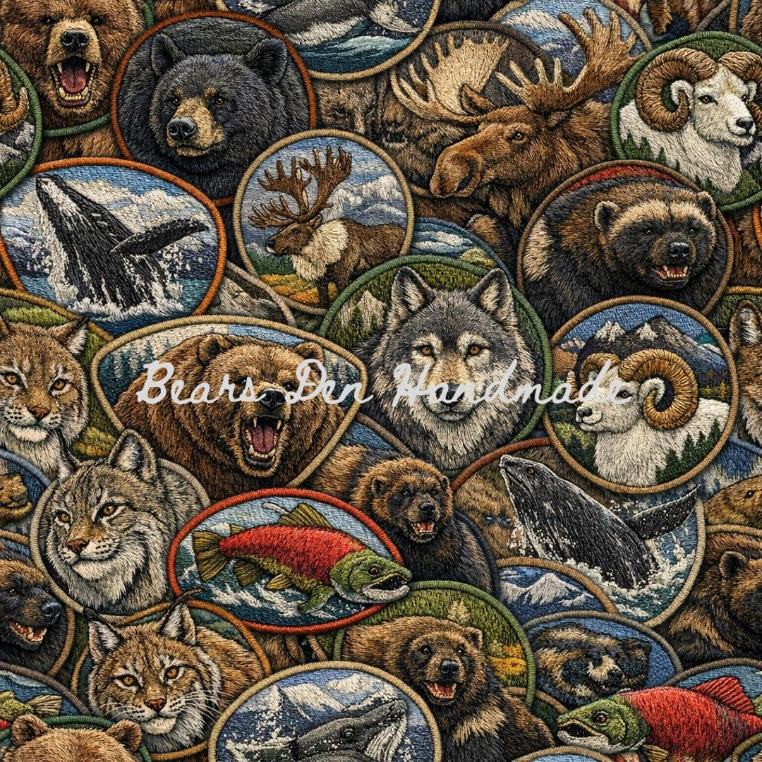 Seamless Pattern Embroidery Alaska Animal Patches Wolverine, Caribou ...